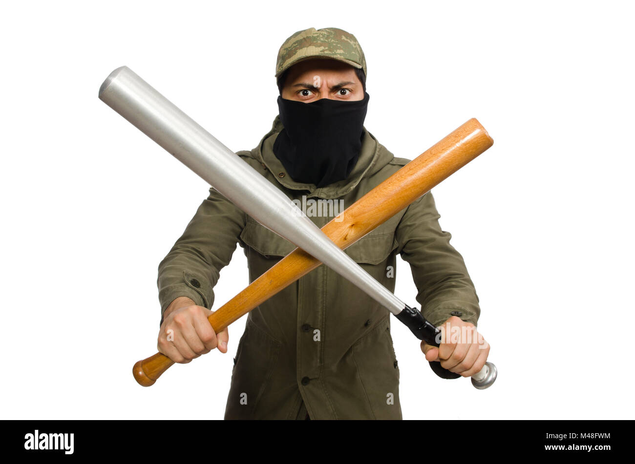 Funny man with baseball bat isolated on white Stock Photo - Alamy