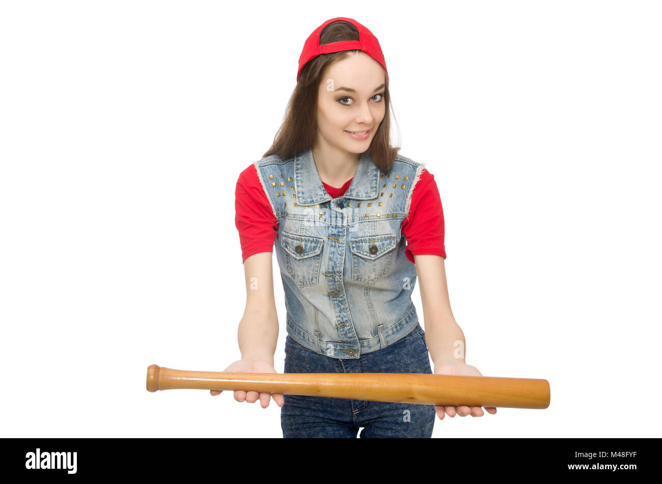Pretty girl holding baseball bat isolated on white Stock Photo - Alamy