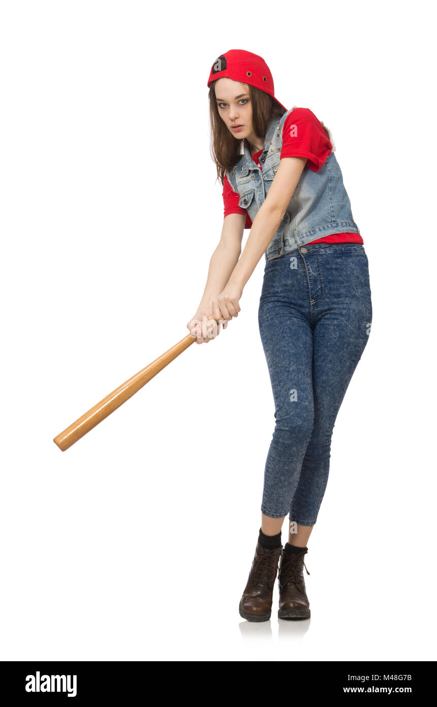 Pretty girl holding baseball bat isolated on white Stock Photo - Alamy