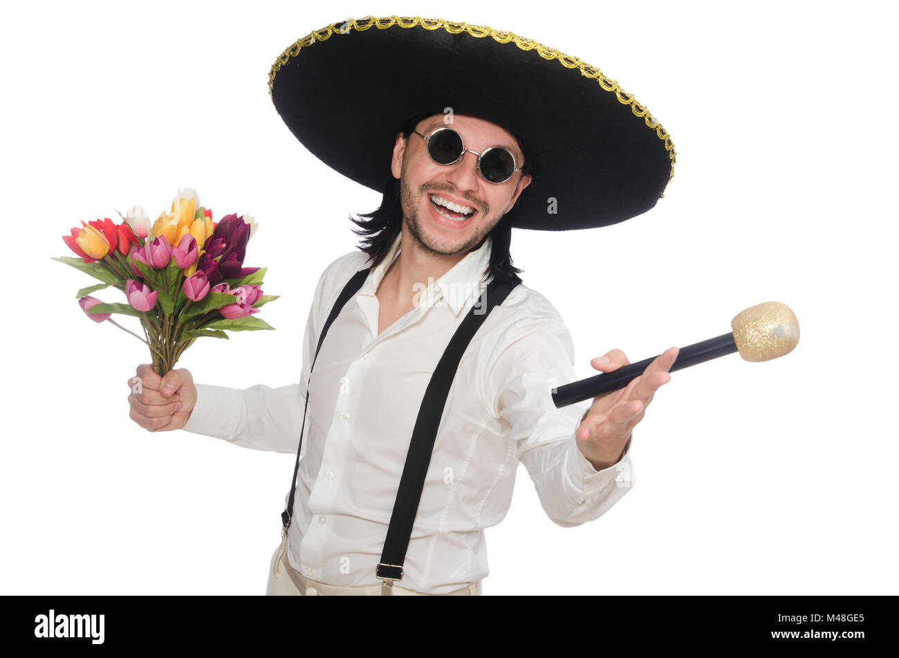 Smiling mexican with flowers and microphone isolated on white Stock ...