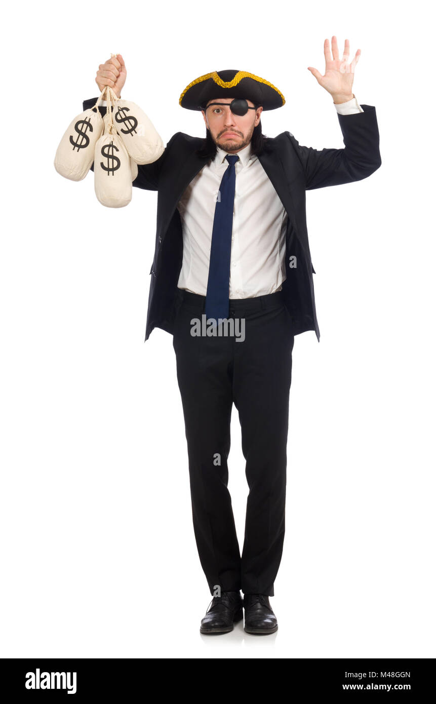 Pirate businessman holding money bags isolated on white Stock Photo - Alamy