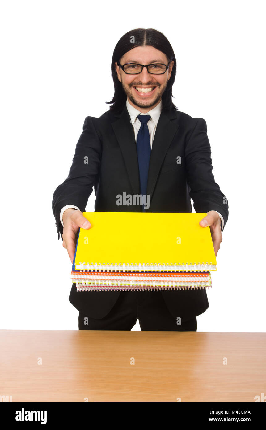 Businessman holding notebooks isolated on white Stock Photo - Alamy