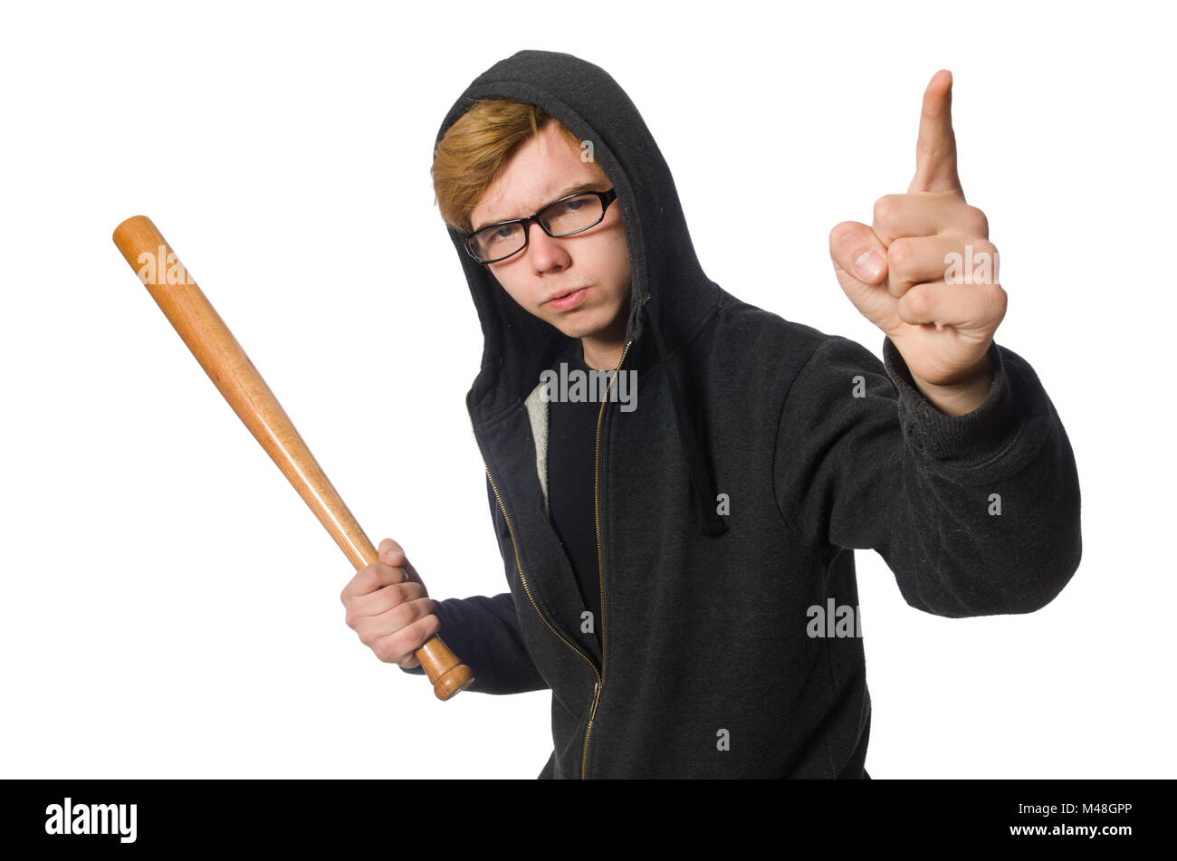 Aggressive man with baseball bat isolated on white Stock Photo - Alamy