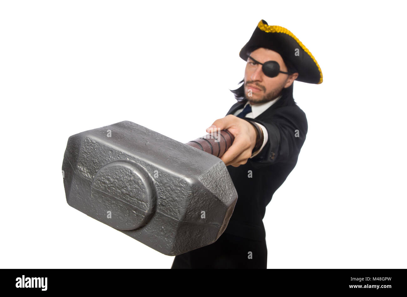 Pirate businessman holding hammer isolated on white Stock Photo - Alamy