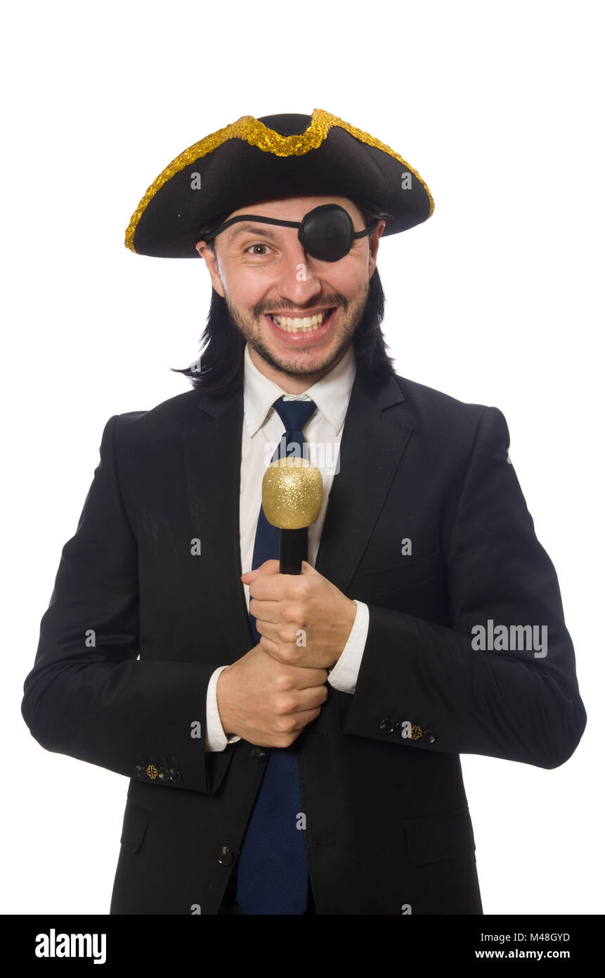Pirate businessman holding the microphone isolated on white Stock Photo ...