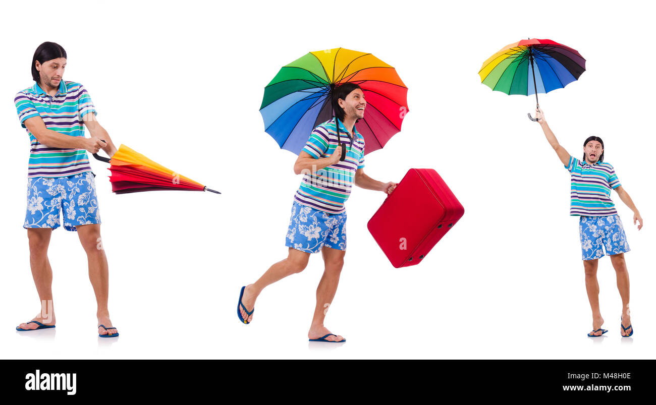Traveler with red case and umbrella isolated on white Stock Photo - Alamy