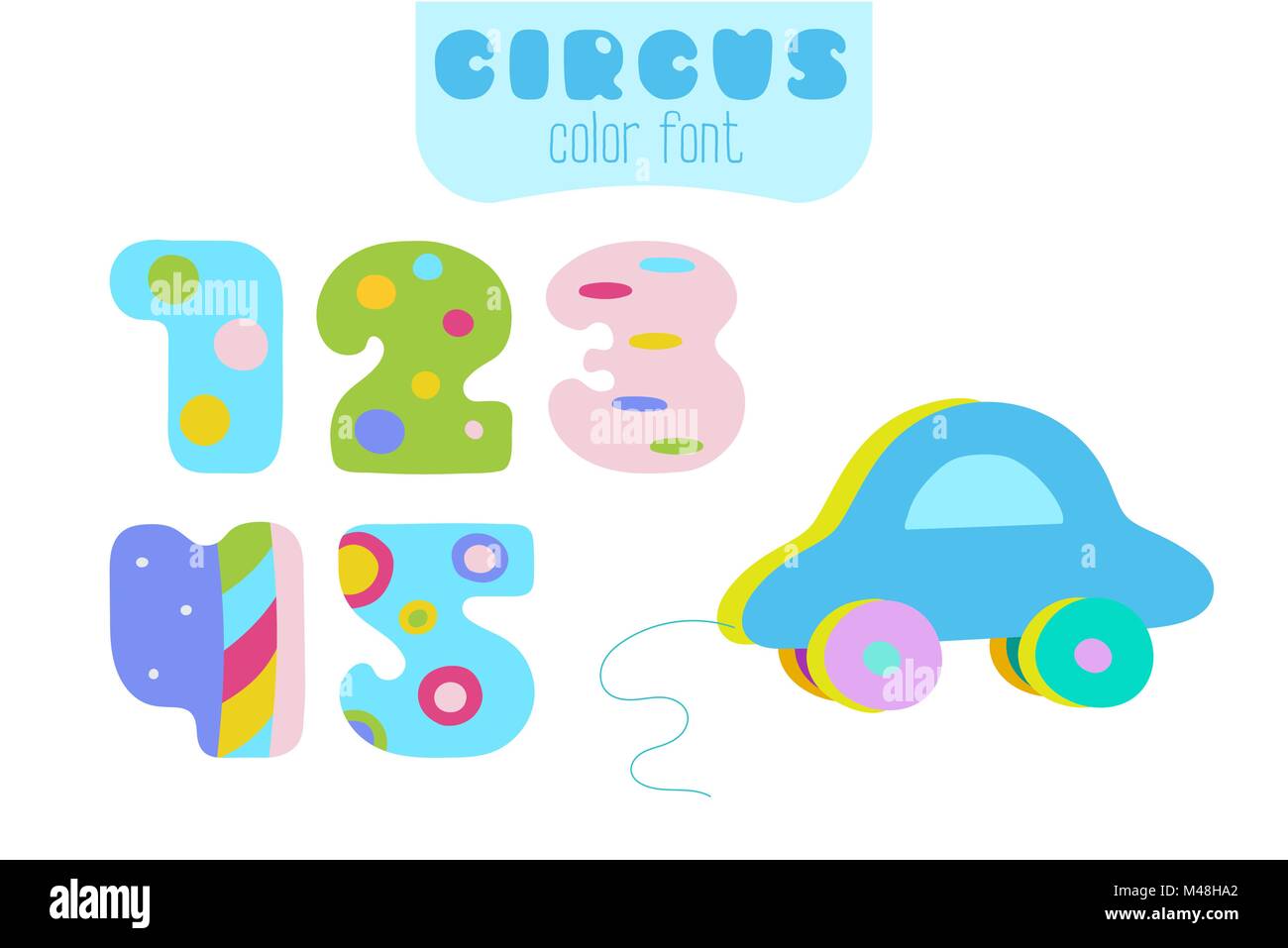 Funny cartoon style colorful vector numbers 1, 2, 3, 4, 5 set with blue ...