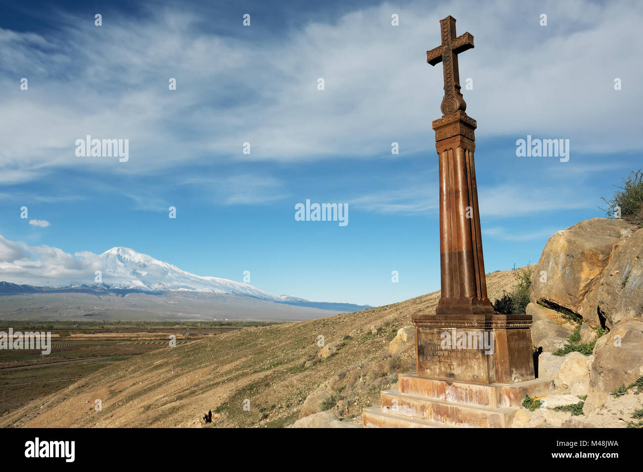 Christian cross near ancient monastery Khor Virap Stock Photo - Alamy