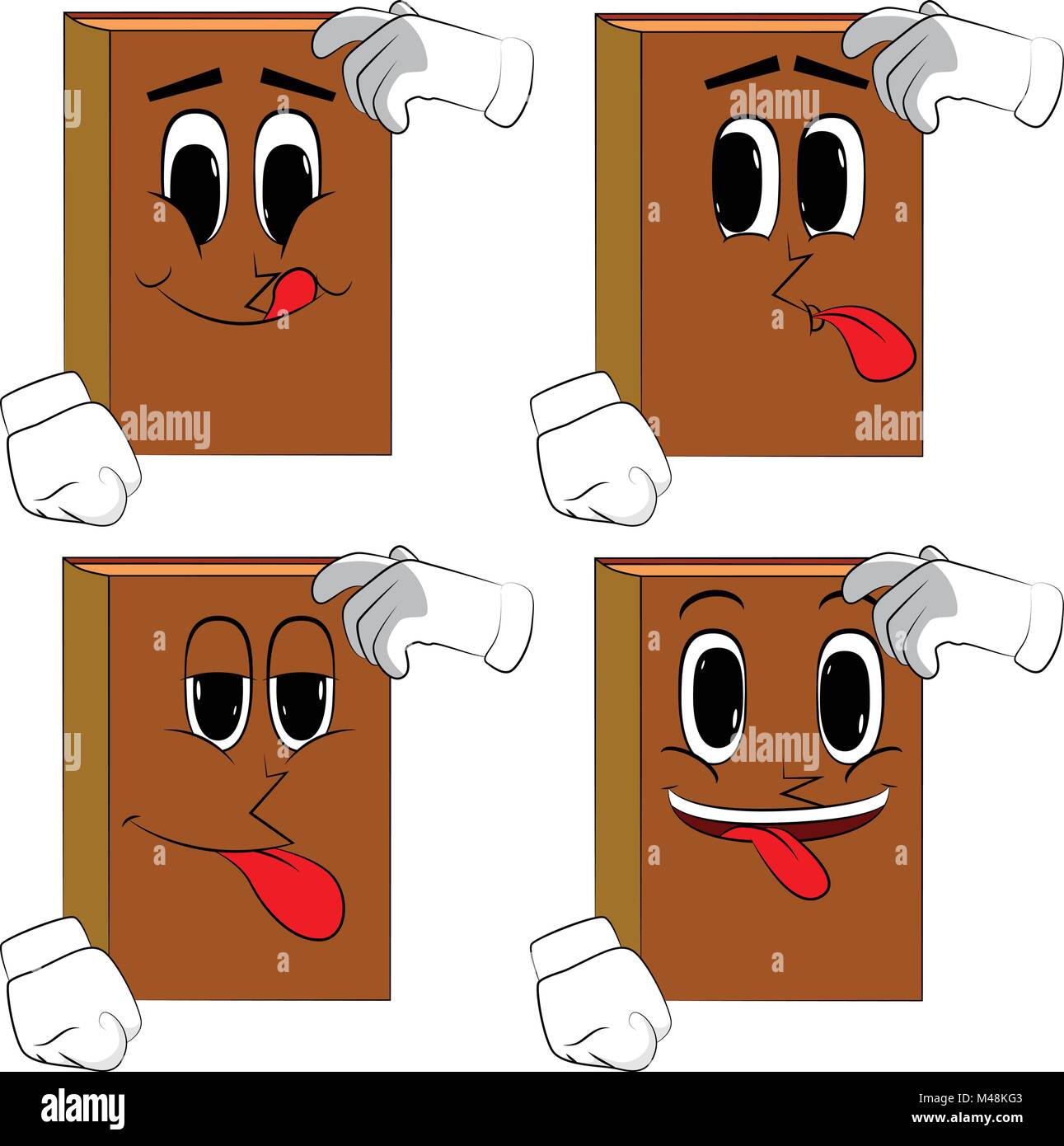 Books confused. Cartoon book collection with happy faces. Expressions ...