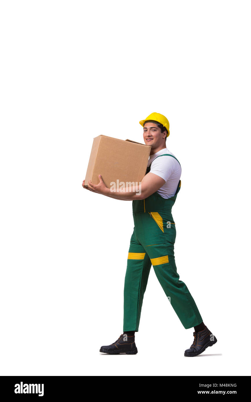 Man moving boxes isolated on the white background Stock Photo - Alamy
