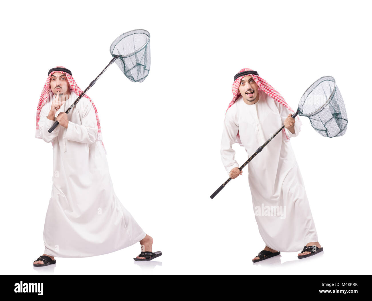 Arab man with catching net isolated on white Stock Photo - Alamy