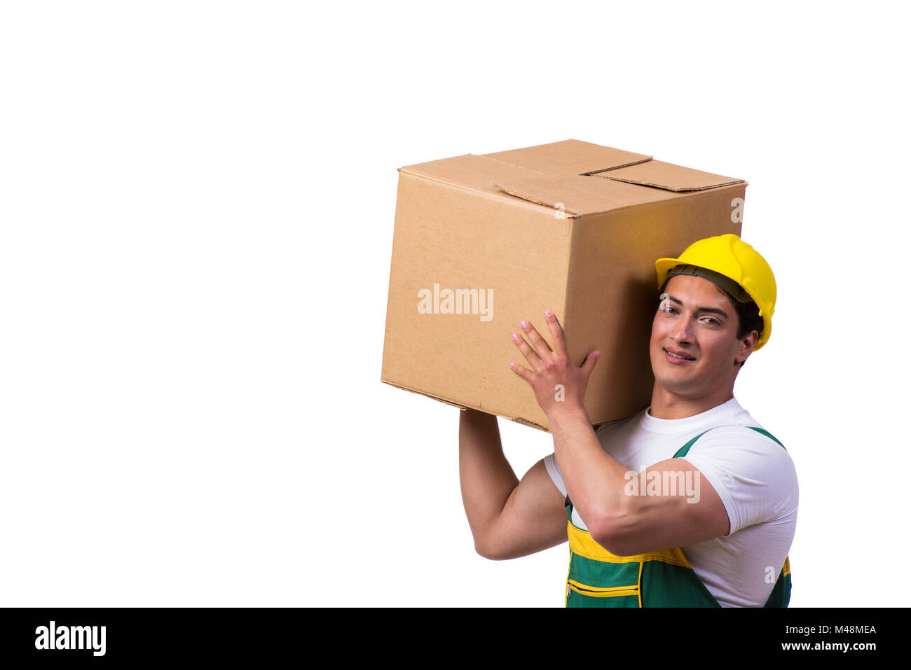 Man moving boxes isolated on the white background Stock Photo - Alamy
