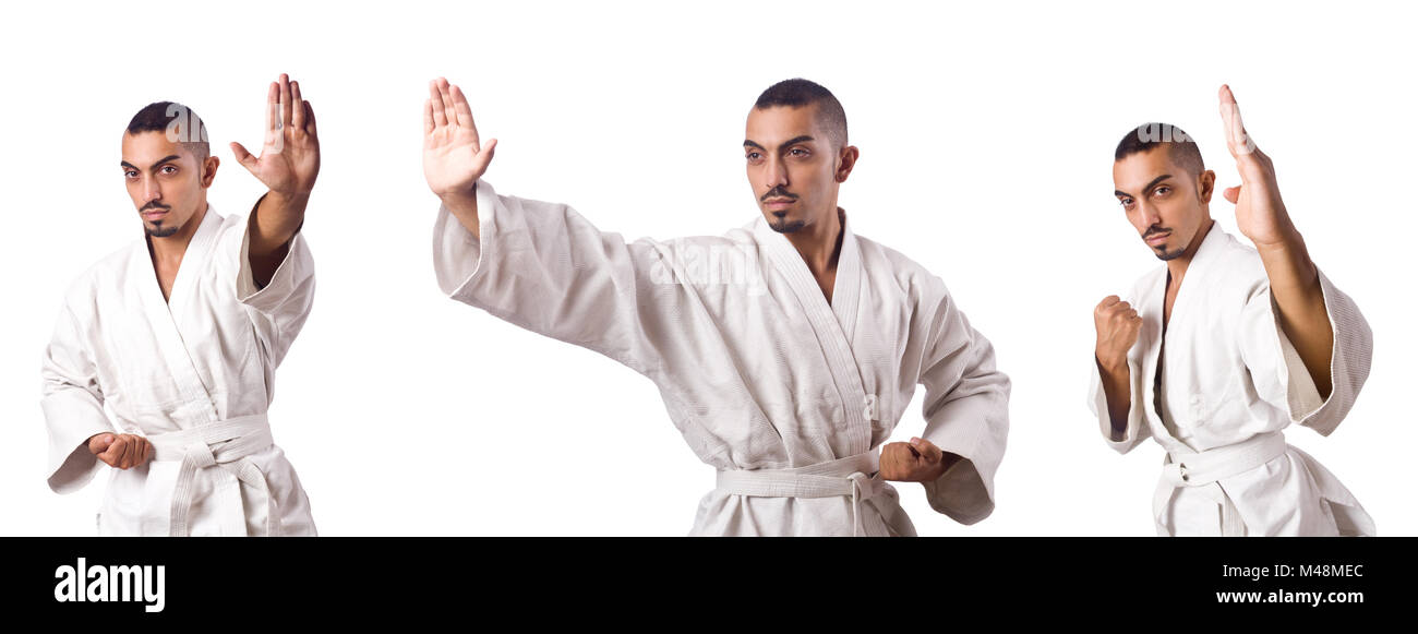 Collage of karate player in kimono isolated on white Stock Photo - Alamy
