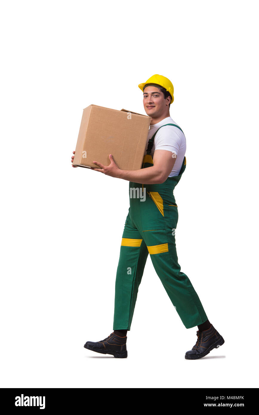 Man moving boxes isolated on the white background Stock Photo - Alamy