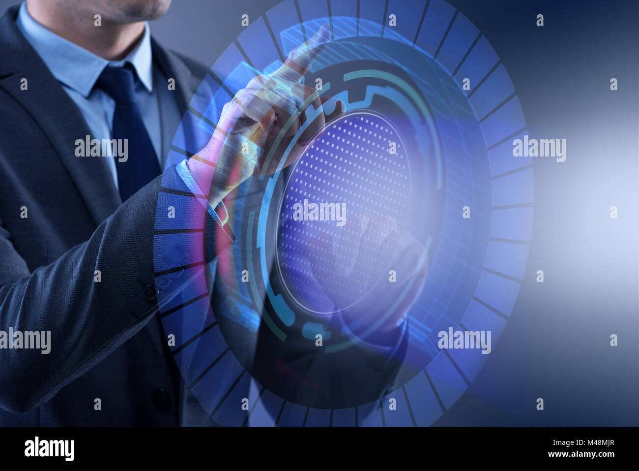 Businessman pressing virtual button in futuristic concept Stock Photo ...