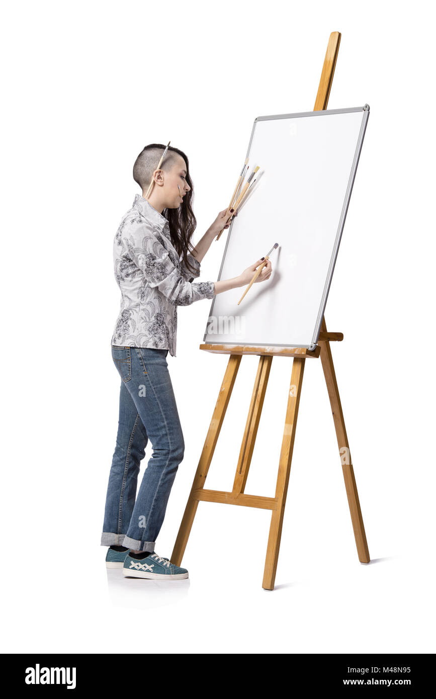 Female artist drawing picture isolated on white background Stock Photo ...