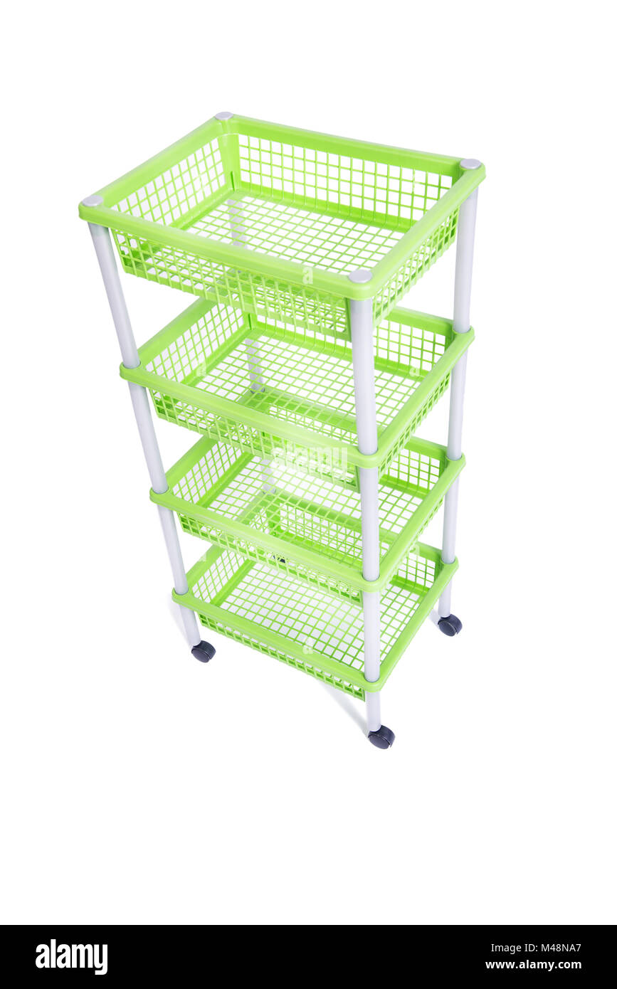 Green bin rack shelf with wheels isolated on white Stock Photo - Alamy
