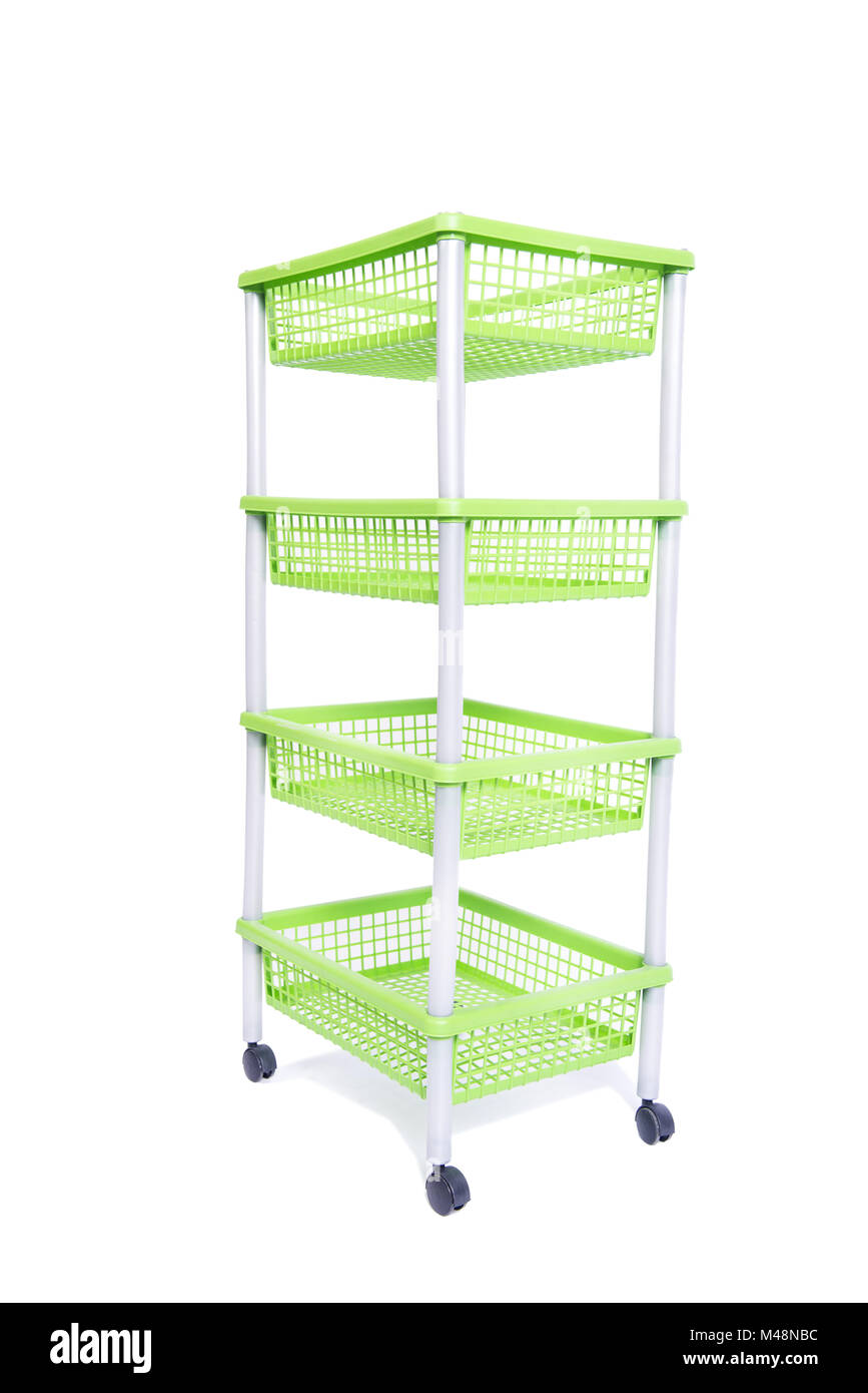 Green bin rack shelf with wheels isolated on white Stock Photo - Alamy