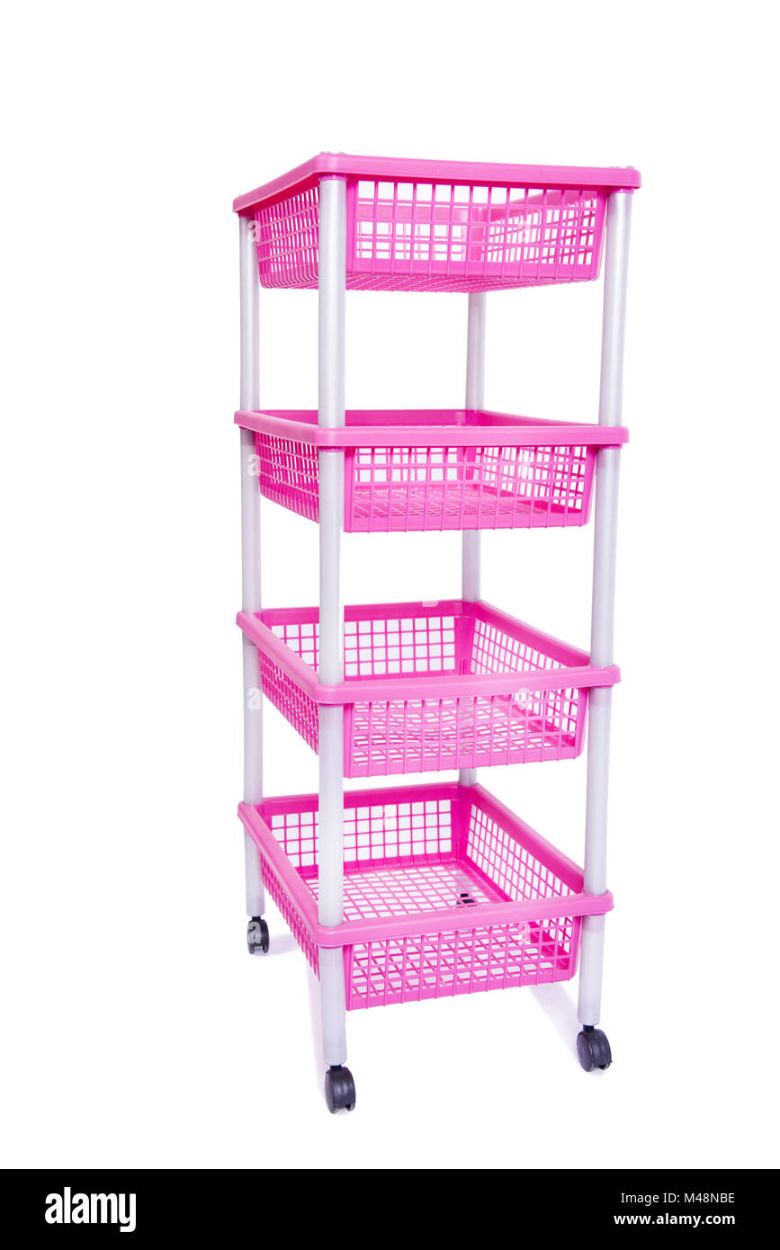 Pink bin rack shelf with wheels isolated on white Stock Photo - Alamy
