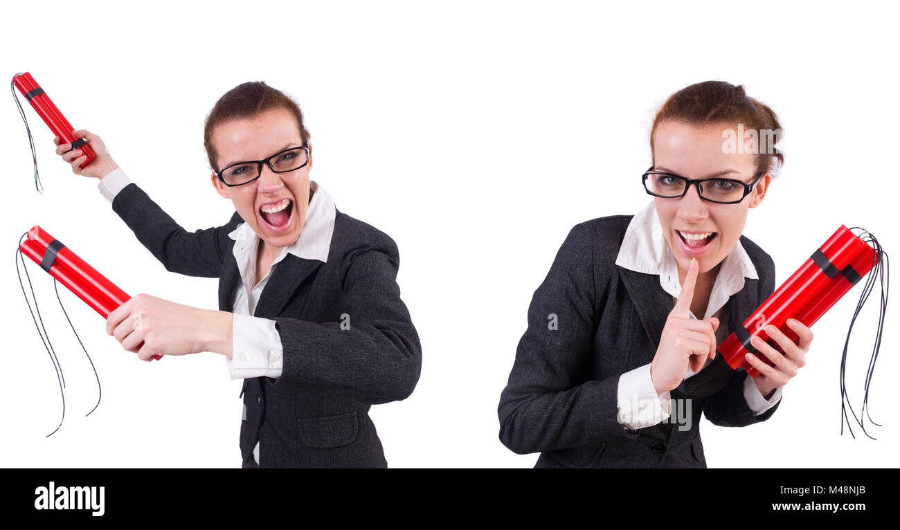 Woman businesswoman with dynamite stick isolated on white Stock Photo ...