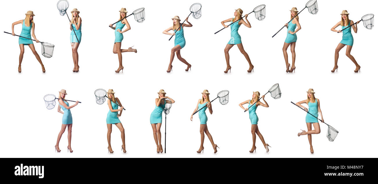 The woman with catching net isolated on white Stock Photo - Alamy