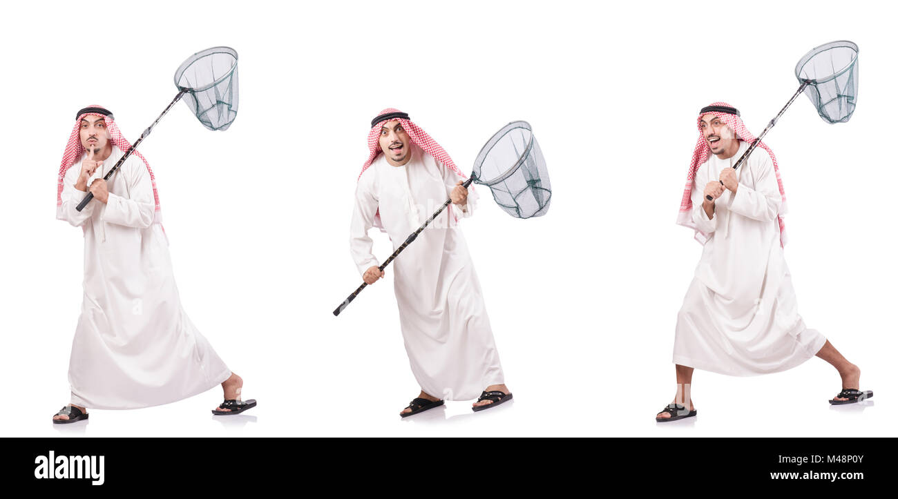 The arab man with catching net isolated on white Stock Photo - Alamy