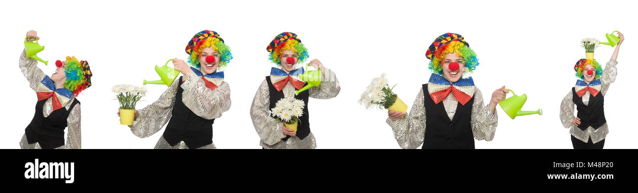 The female clown with watering can isolated on white Stock Photo - Alamy