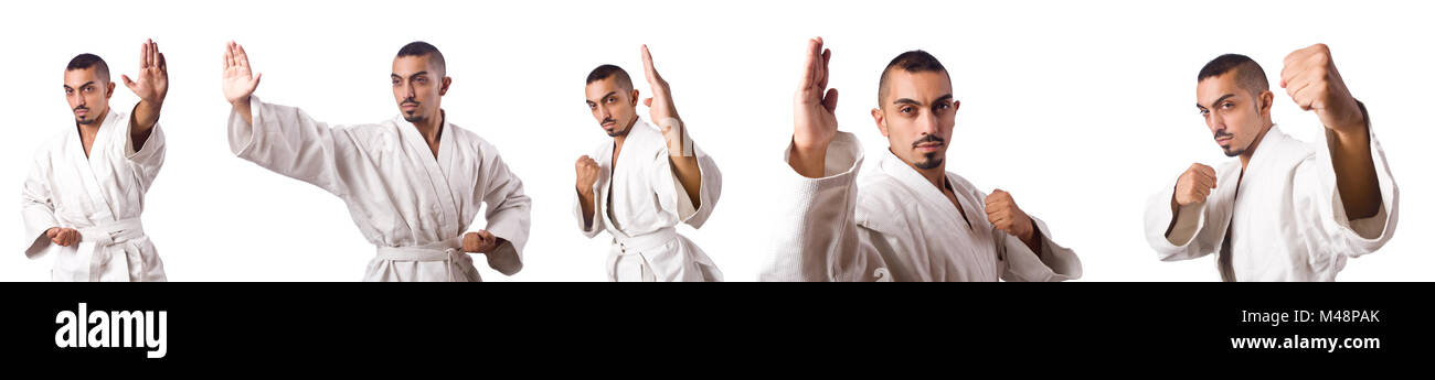 The collage of karate player in kimono isolated on white Stock Photo ...