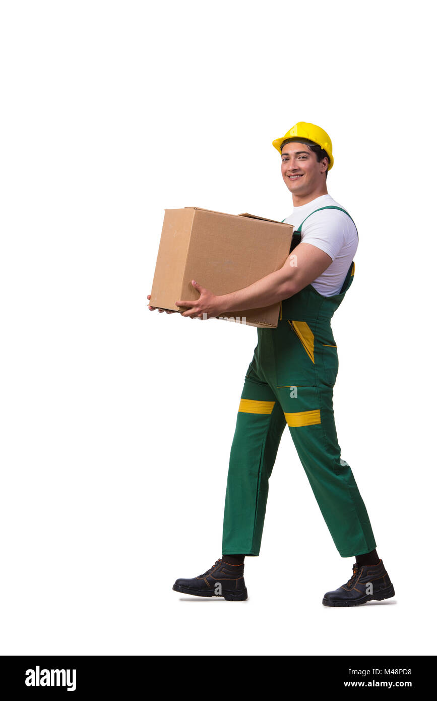The man moving boxes isolated on the white background Stock Photo - Alamy