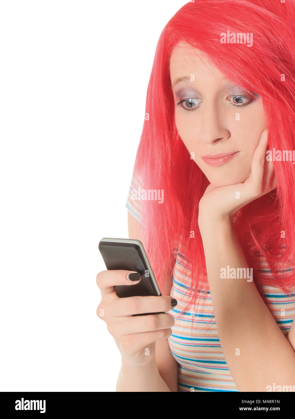 Bright picture of happy red hair woman with cell phone Stock Photo - Alamy