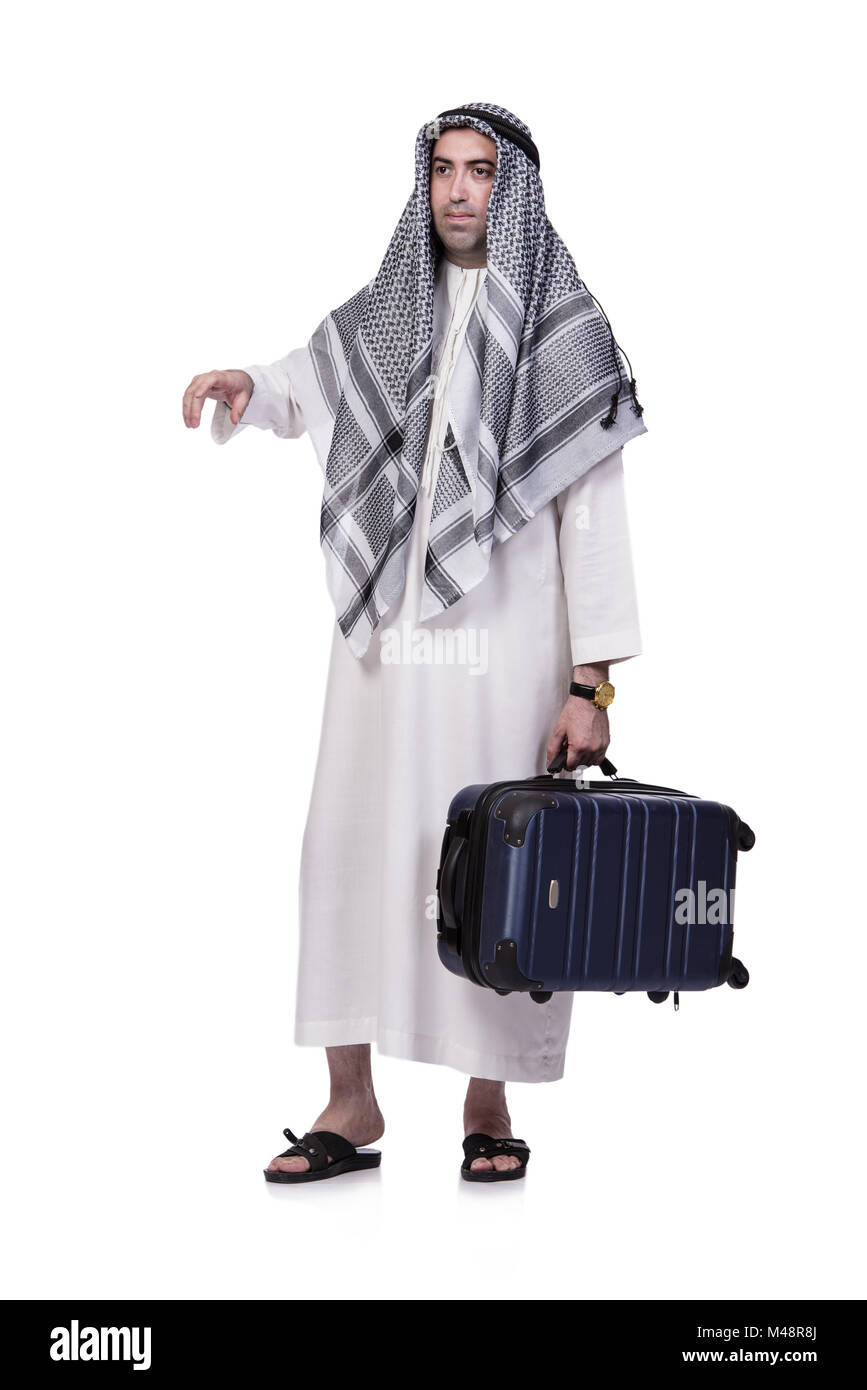 Arab man with suitcase in travel concept isolated on white Stock Photo ...