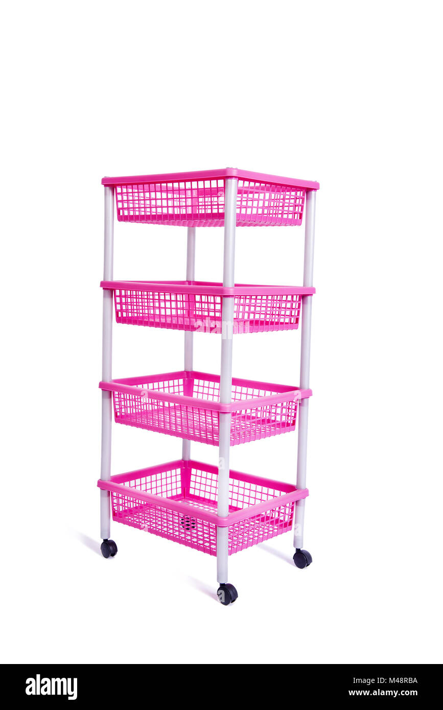Pink bin rack shelf with wheels isolated on white Stock Photo - Alamy