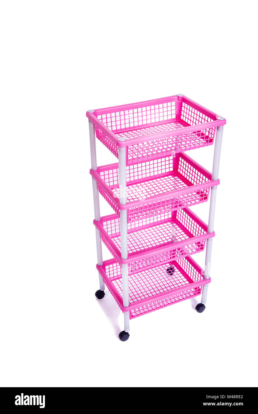 Pink bin rack shelf with wheels isolated on white Stock Photo - Alamy
