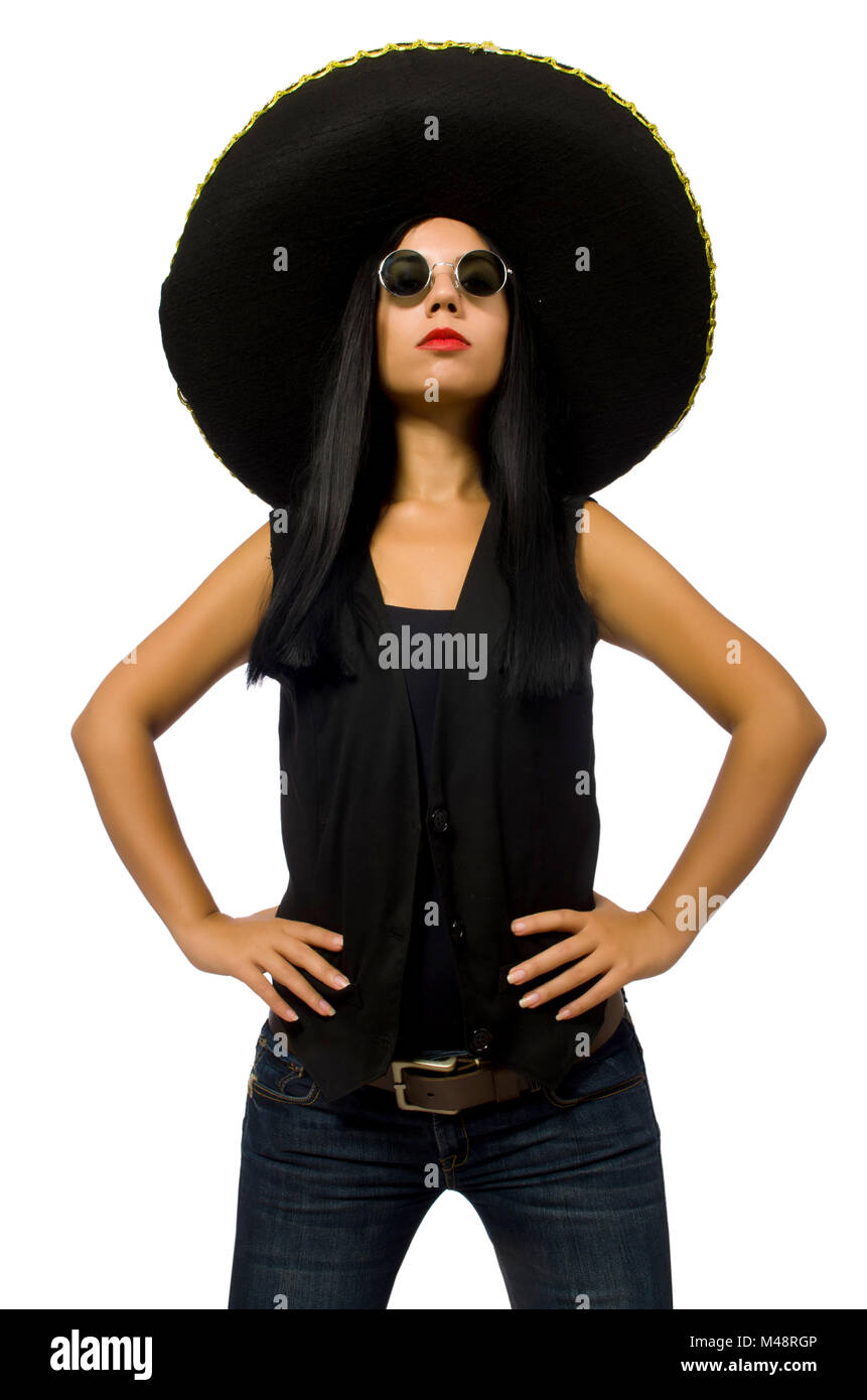 Young mexican woman wearing sombrero isolated on white Stock Photo - Alamy