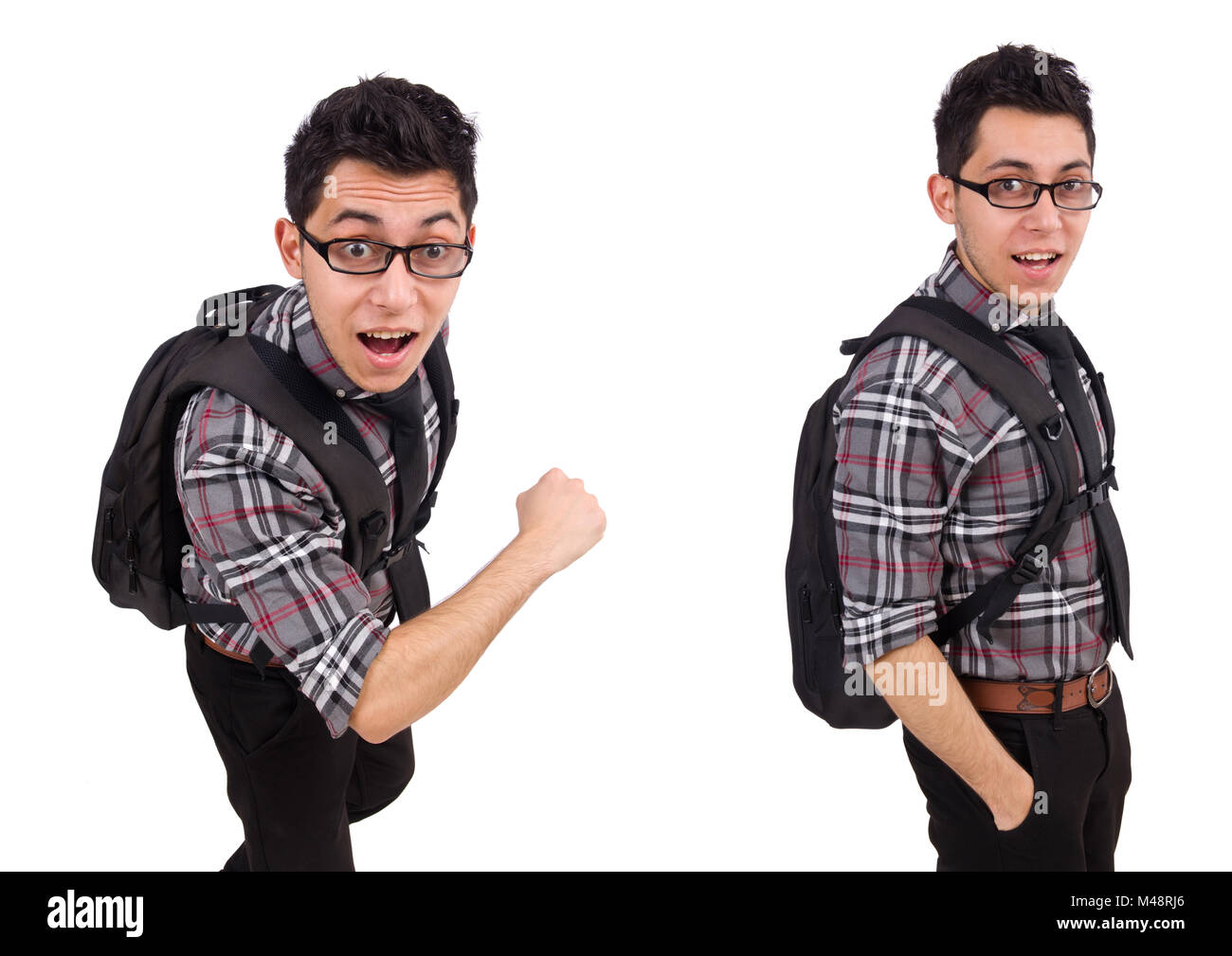 Young employee with backpack isolated on white Stock Photo - Alamy