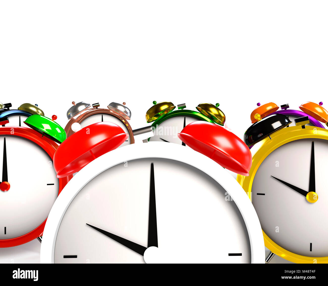 Colorful alarm clocks. 3D Rendering Stock Photo - Alamy