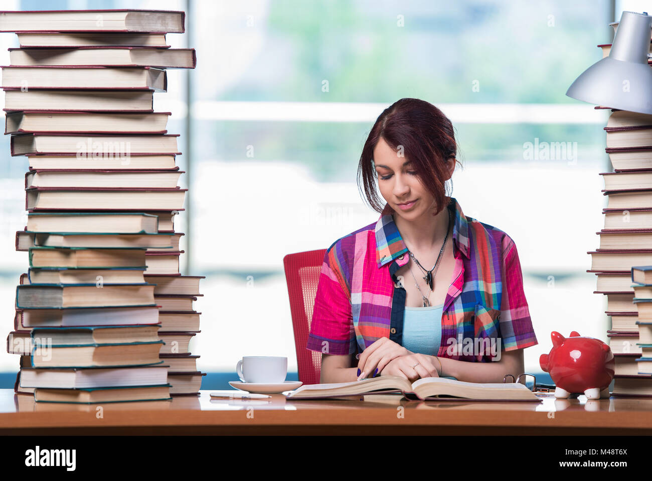 Concept of expensive textbooks with female student Stock Photo - Alamy