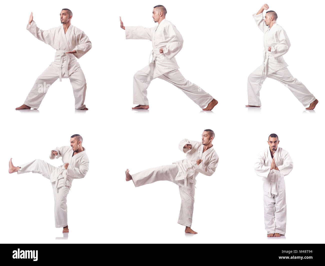 Collage of karate player in kimono isolated on white Stock Photo - Alamy