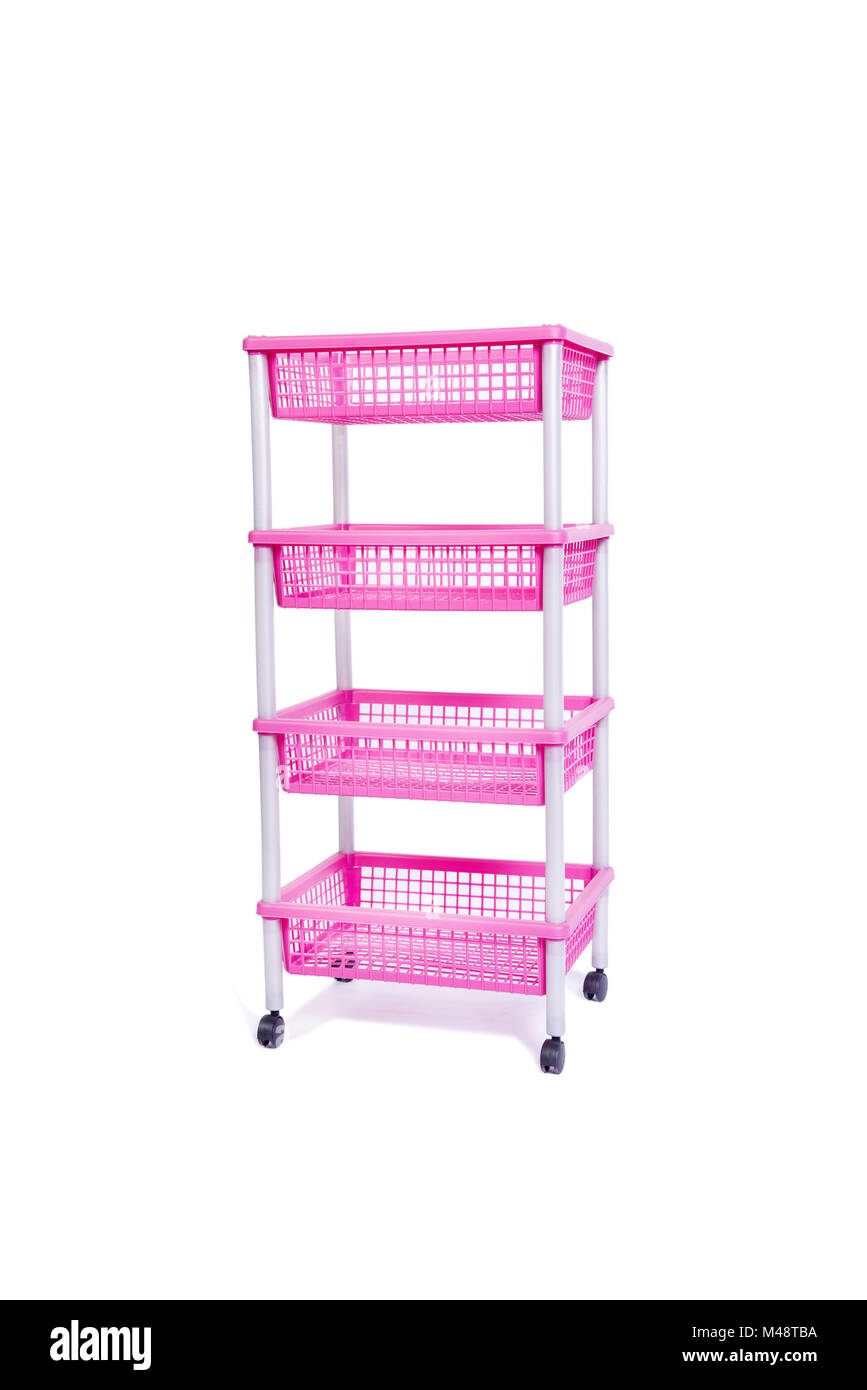 Pink bin rack shelf with wheels isolated on white Stock Photo - Alamy