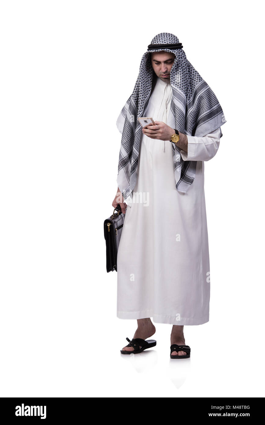 Arab man with his mobile phone isolated on white Stock Photo - Alamy