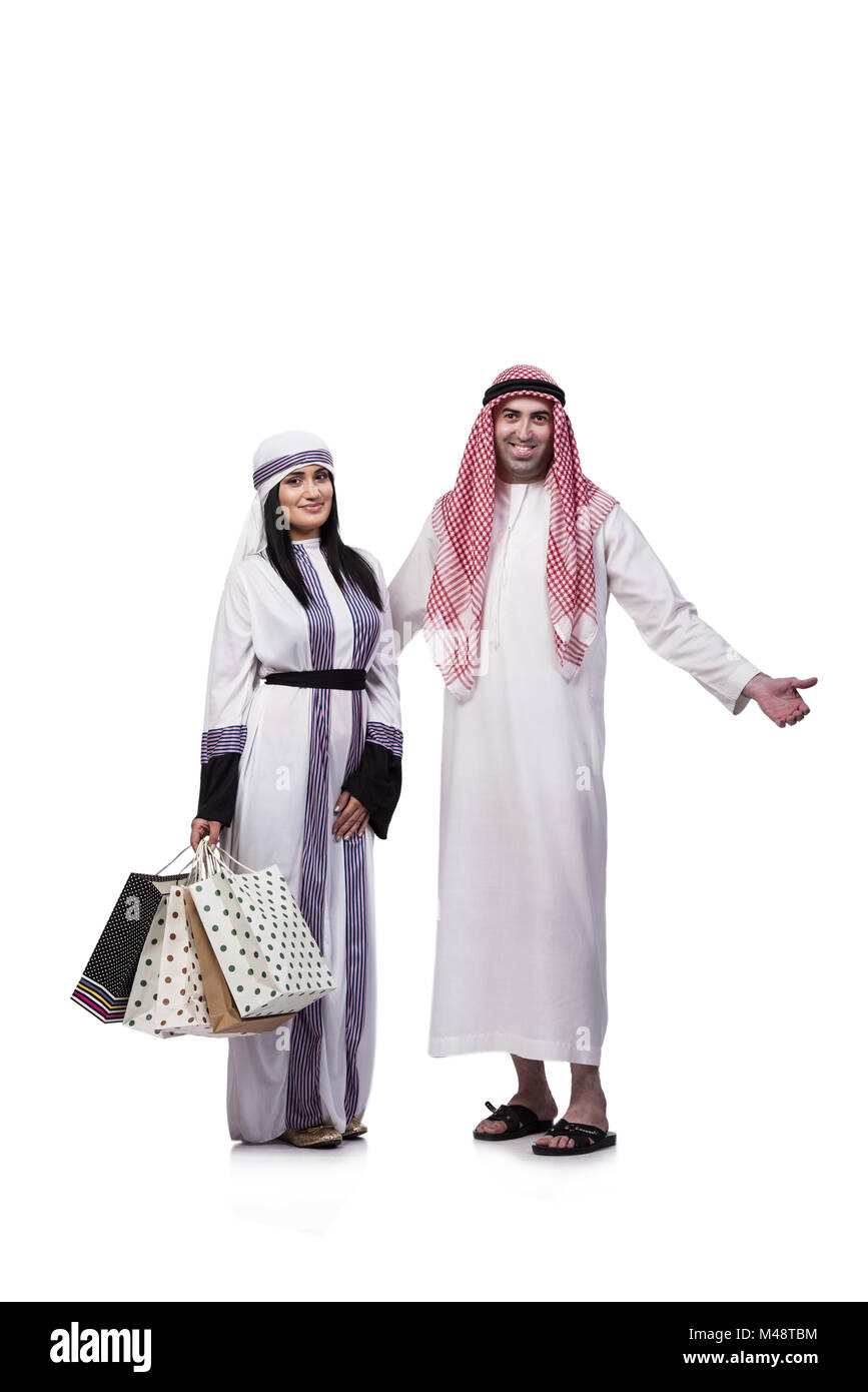 Happy arabic family after shopping isolated on white Stock Photo - Alamy