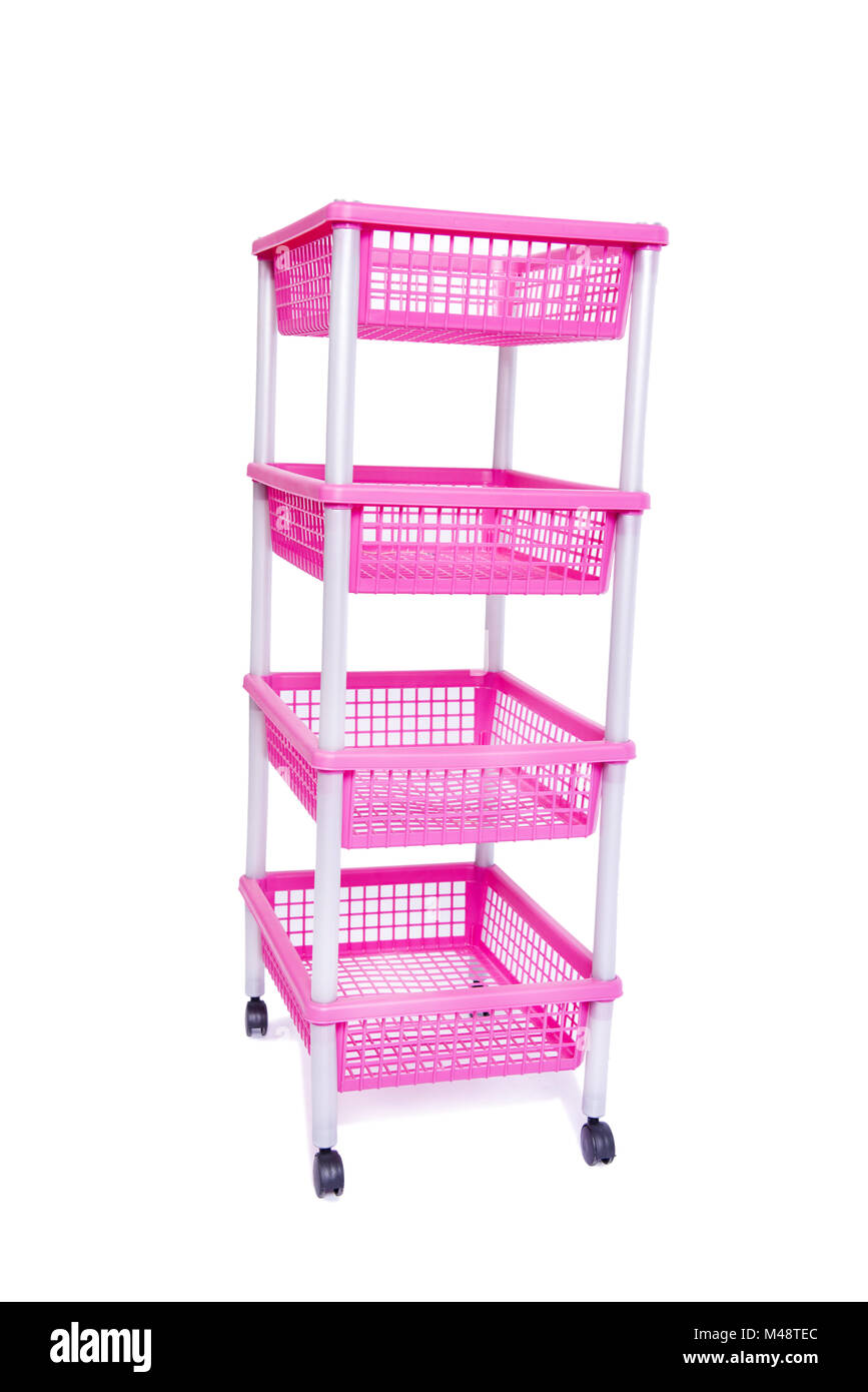 Pink bin rack shelf with wheels isolated on white Stock Photo - Alamy