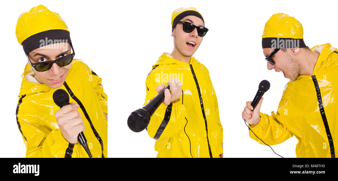 Funny performer with mic isolated on the white Stock Photo - Alamy