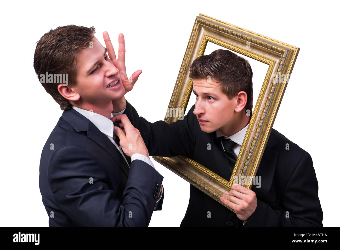 Two twins businessmen arguing with each other isolated on white Stock ...