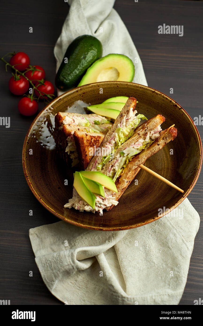 Top view of Healthy Sandwich toast with lettuce, ham, cheese and tomato ...