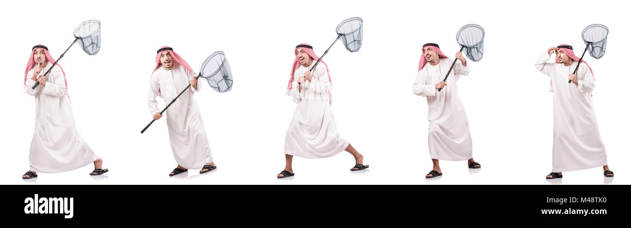 Arab man with catching net isolated on white Stock Photo - Alamy