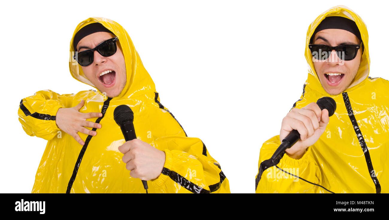 Funny performer with mic isolated on the white Stock Photo - Alamy