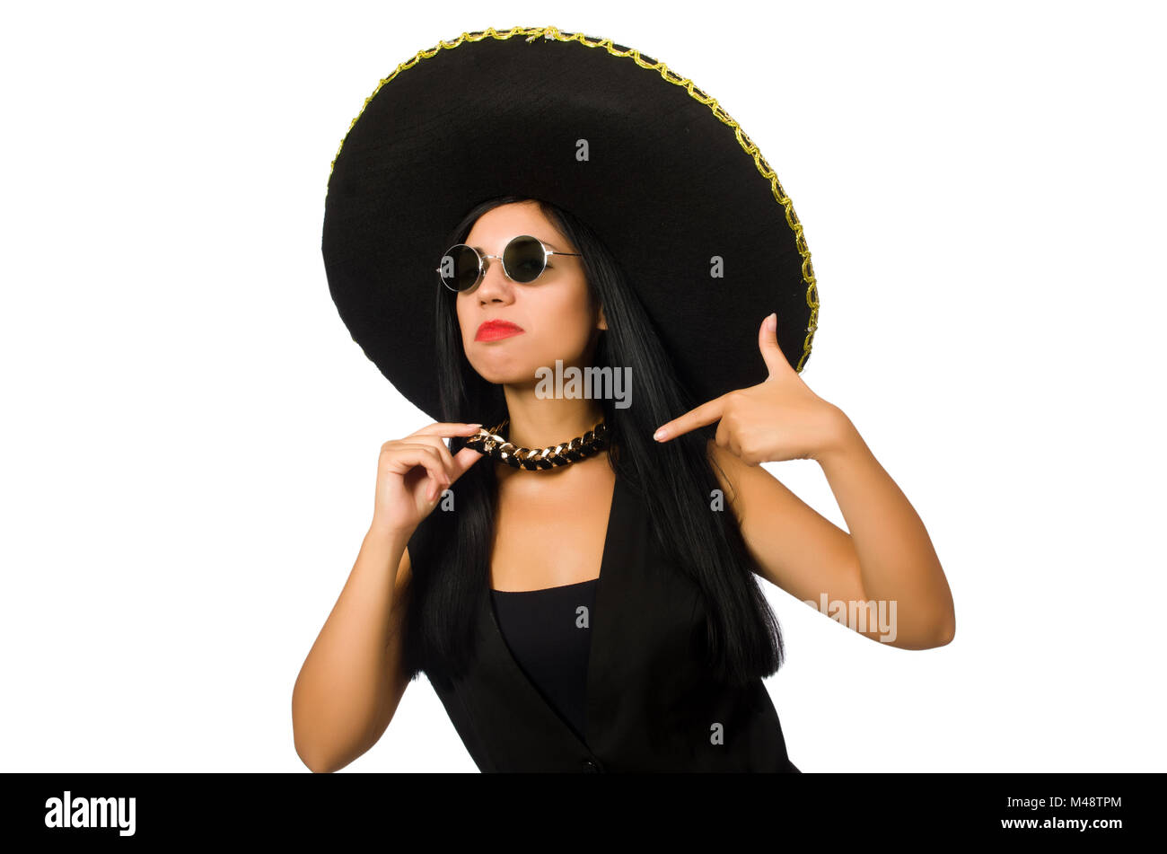 Young mexican woman wearing sombrero isolated on white Stock Photo - Alamy