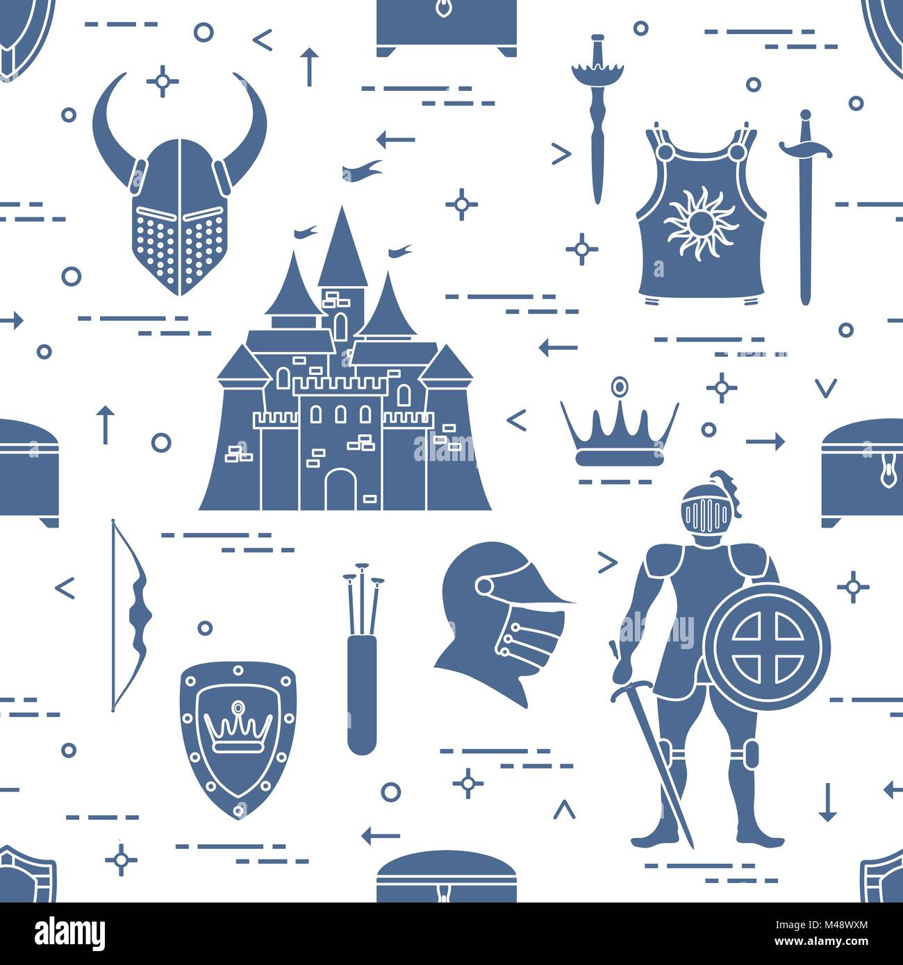 Seamless pattern with knight, castle, shields, swords, cuirass, helmet ...