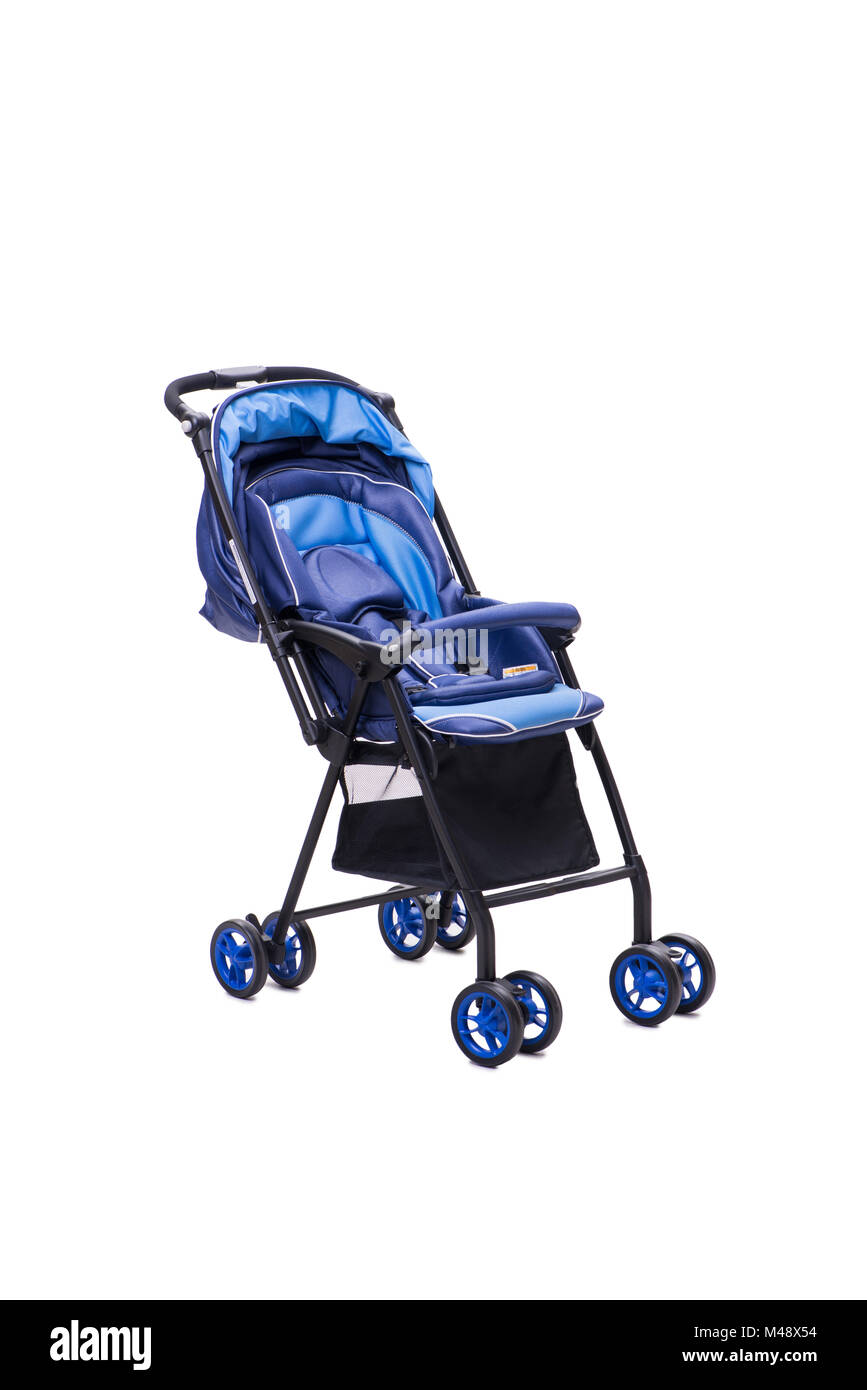 Blue pushchair isolated on white background Stock Photo - Alamy